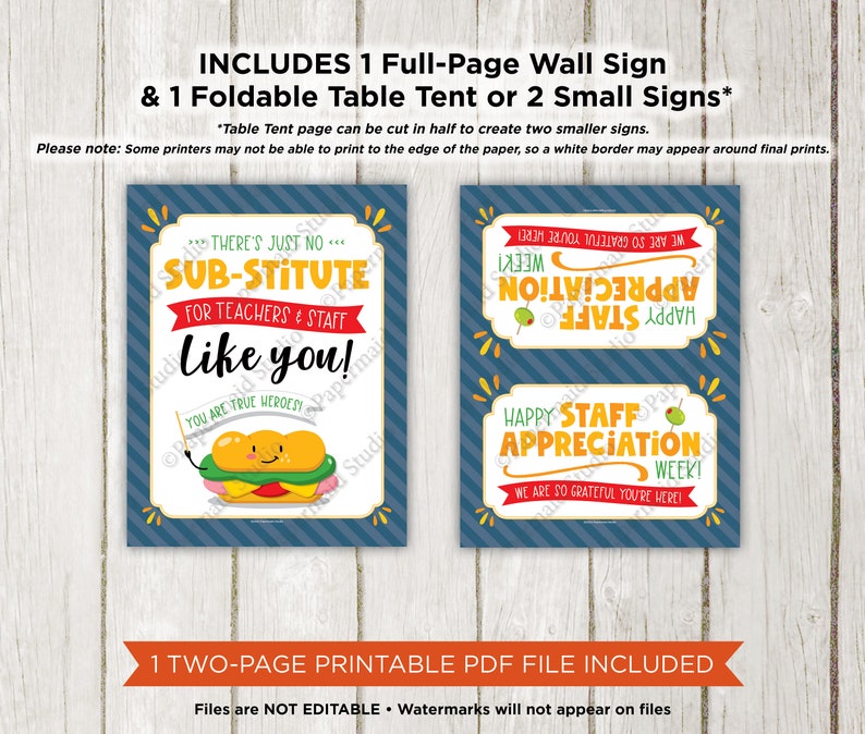 Teacher Appreciation Sub Sandwich Signs Printable - Teacher ...