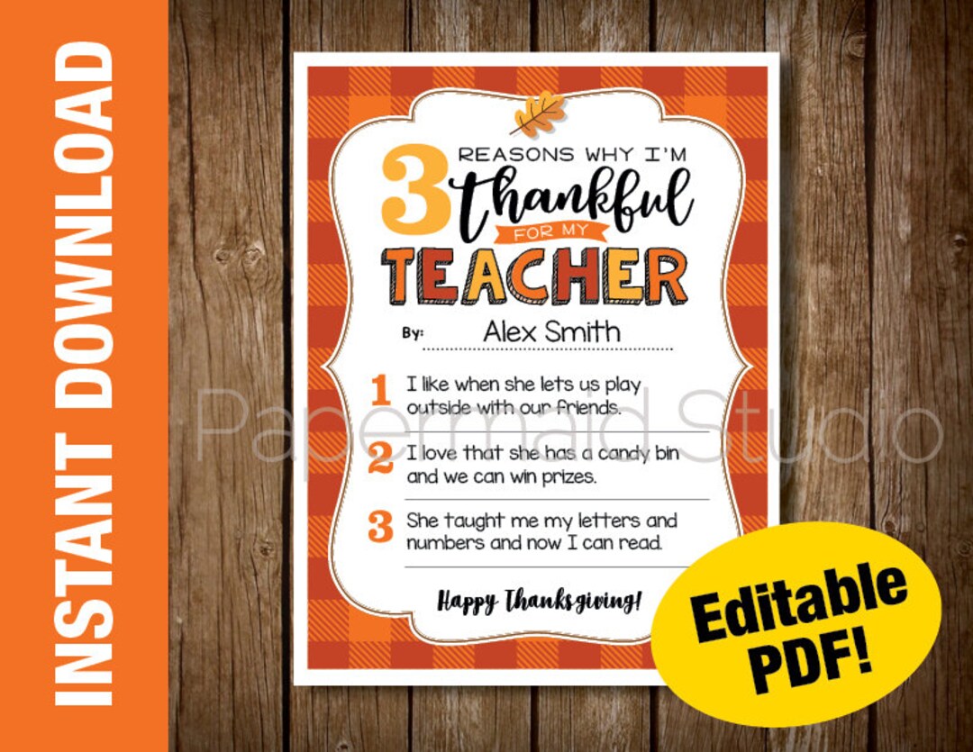 PRINTABLE Teacher Thanksgiving Card - School Teacher Fill-in-the-blank ...