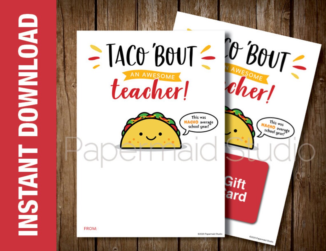 PRINTABLE Teacher Thank You Card Taco Gift Card Holder for - Etsy