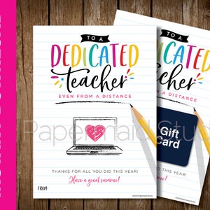 Virtual Teacher Thank You Gift Card Holder Printable - Distance ...