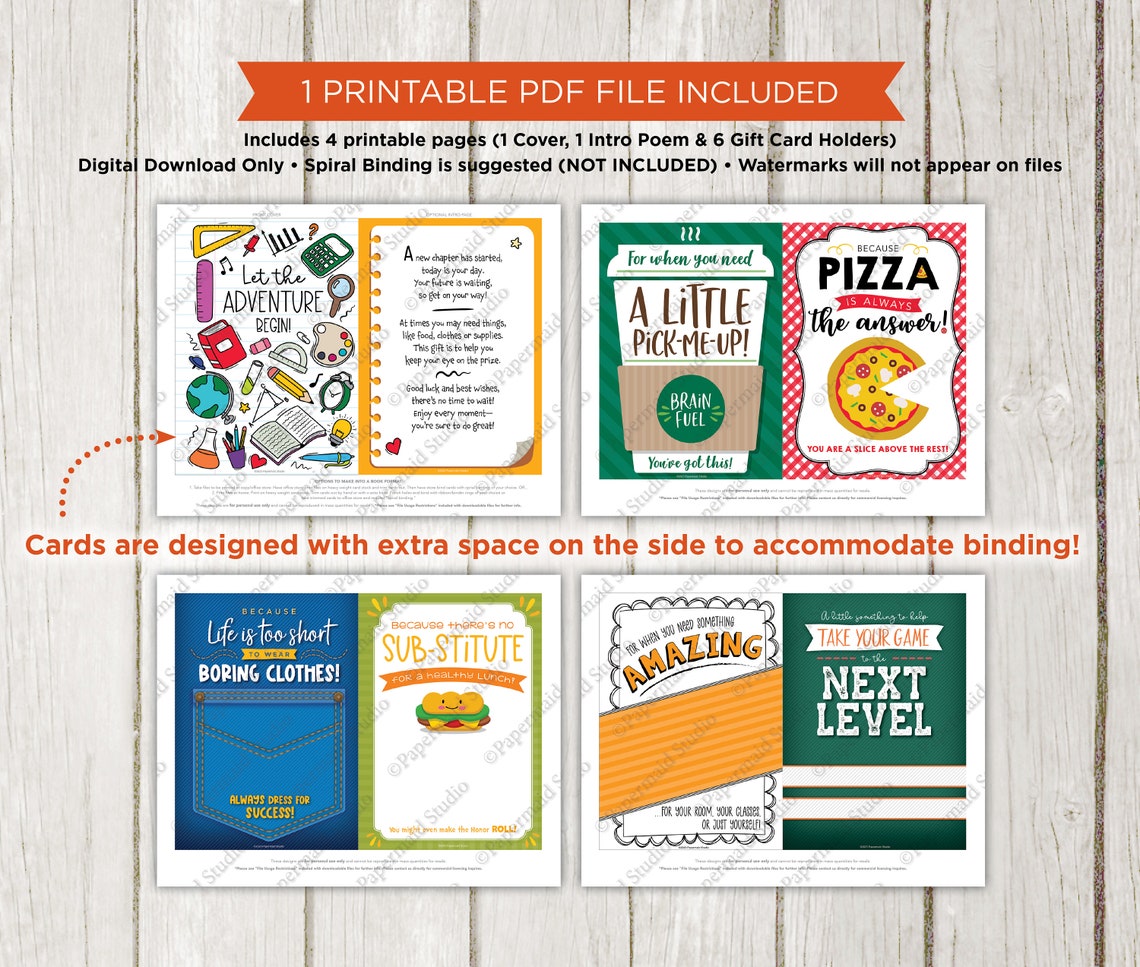 College Student Gift Card Book Printable Bundle - College Survival Kit ...