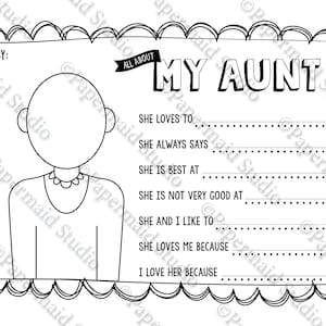 PRINTABLE Aunt Portrait Coloring Sheet and Questionnaire Gift / Card ...