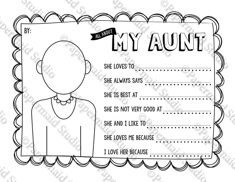 PRINTABLE Aunt Portrait Coloring Sheet and Questionnaire Gift / Card ...