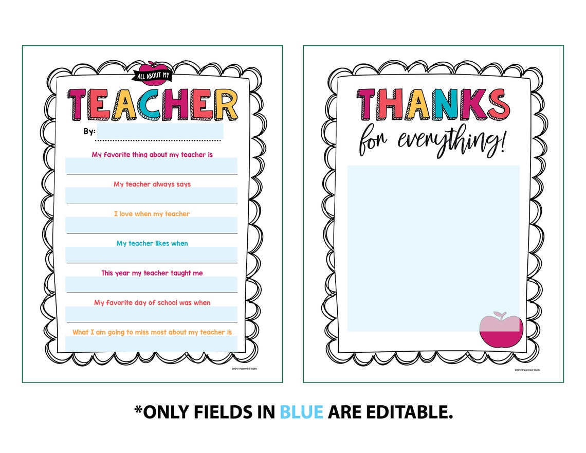PRINTABLE All About My Teacher Thank You Card - End of Year Teacher ...