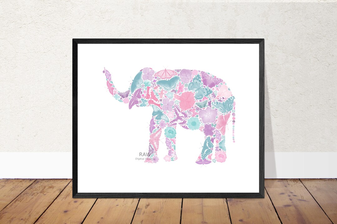 Printable Elephant Wall Decor- Floral Pink Boho Nursery Art/elephant ...