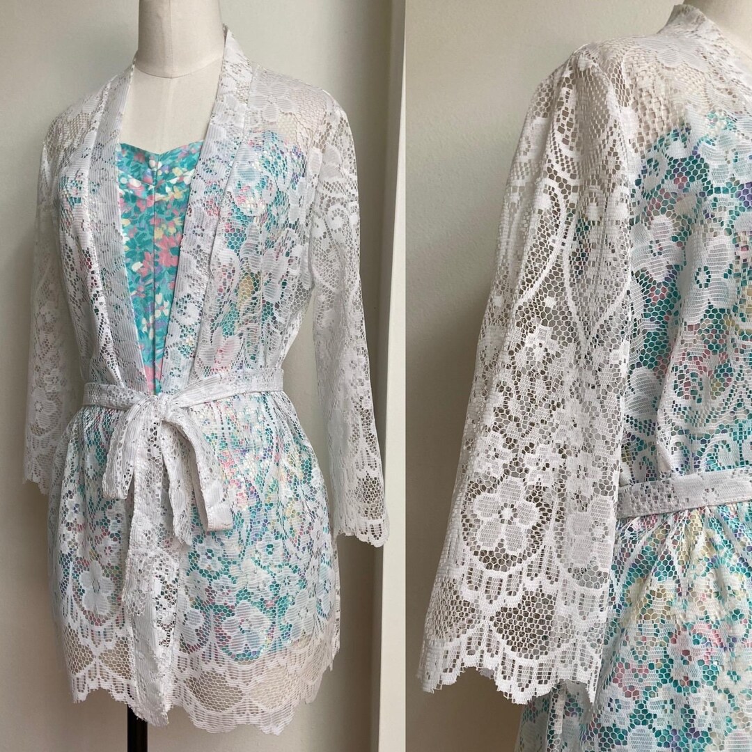 1970s White Lace Floral Pattern Scalloped Bell Sleeve Beach Swim Cover ...