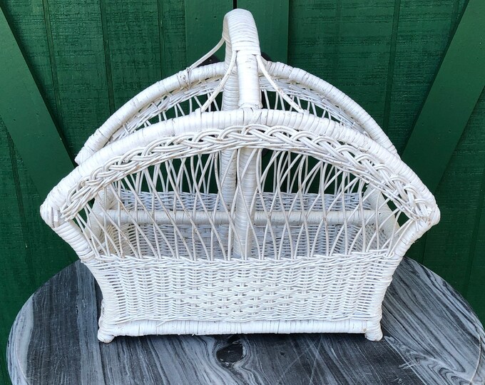 White Wicker Magazine Holder, Magazine,storage Basket, Handles, Costal ...