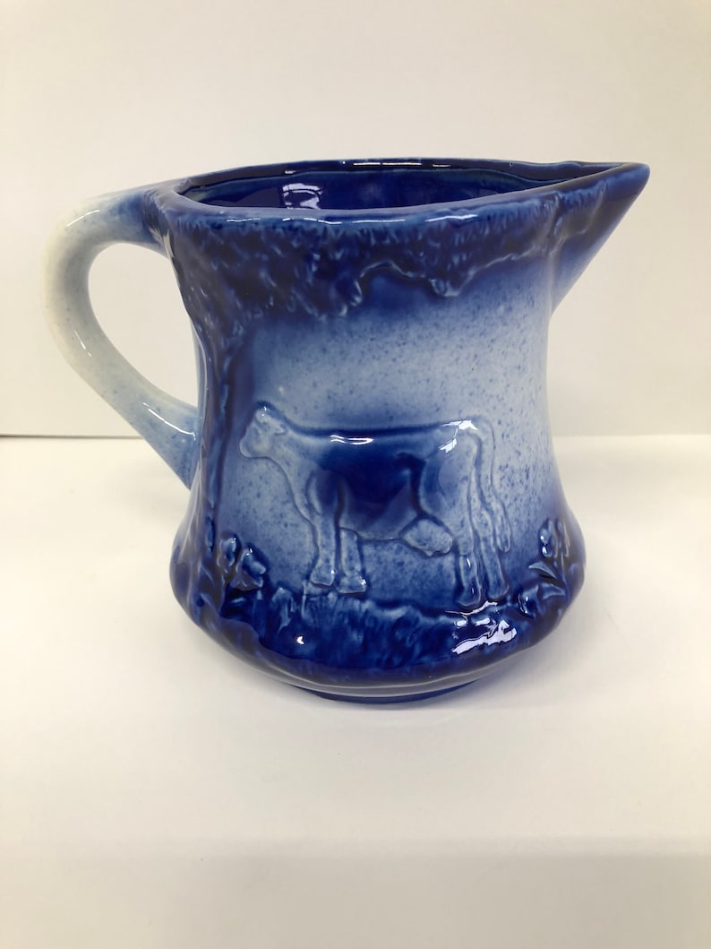 Flo Blue Stone Ware Pitcher Cow Motif Squat Pitcher Milk - Etsy