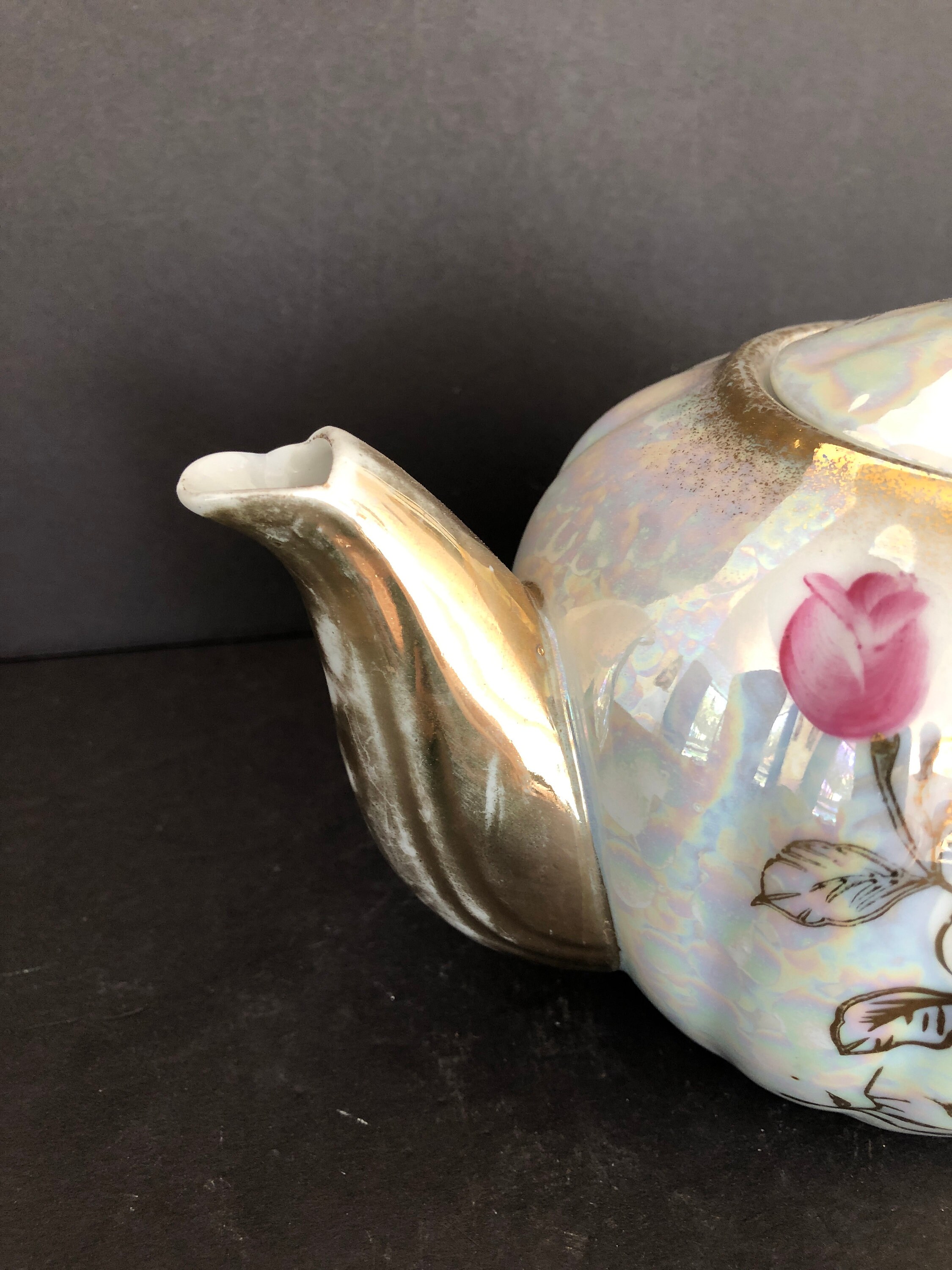 Teapot Lusterware China Gold Leaf Pink Flower Vintage - Etsy
