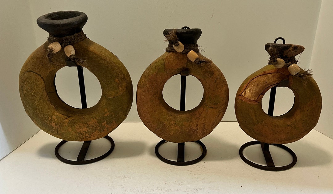 Tribal Art, Doughnut Shape, SET Antique Leather Covered, Metal Stand ...