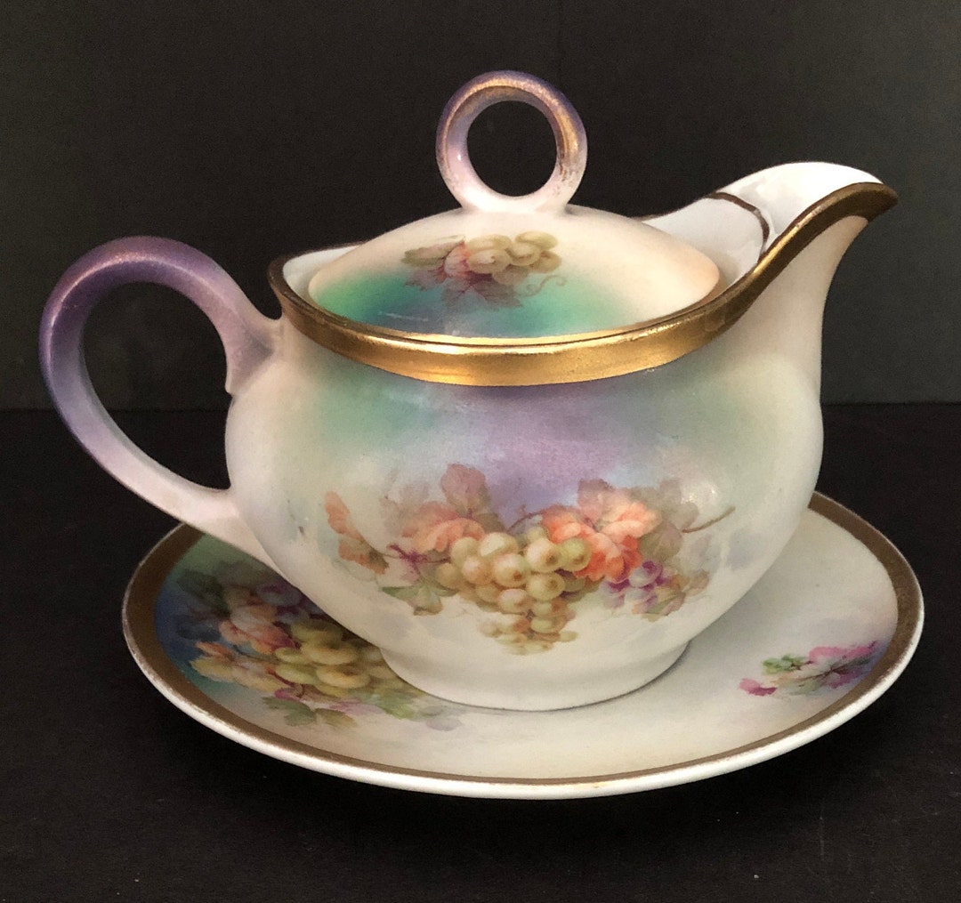 Tea Pot, Saucer, Bone China, Hand Painted, Antique, Grape Motif, Heavy ...