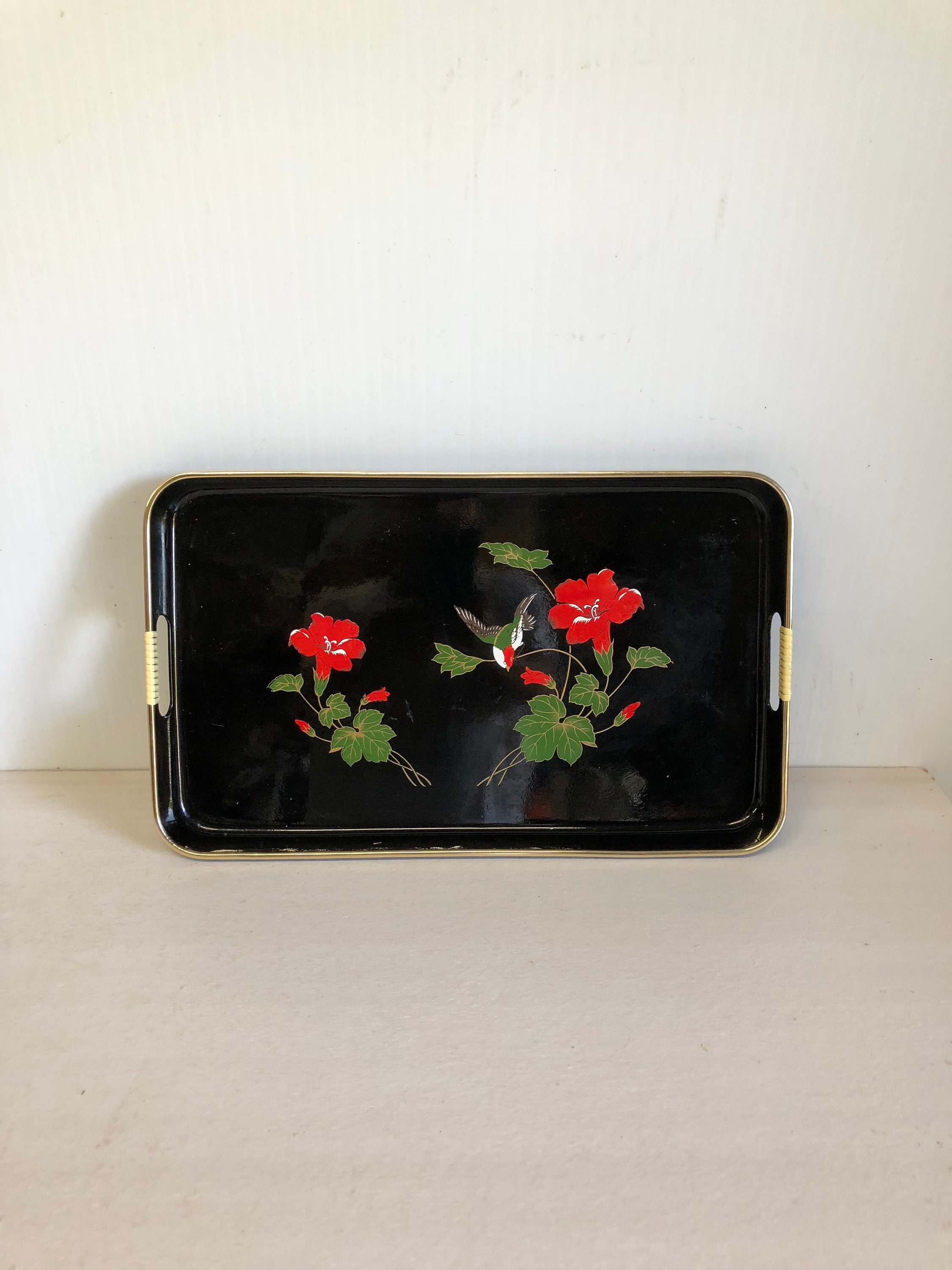 Vintage Red Rose Tray Vintage Tray Black and Red Tray | Etsy