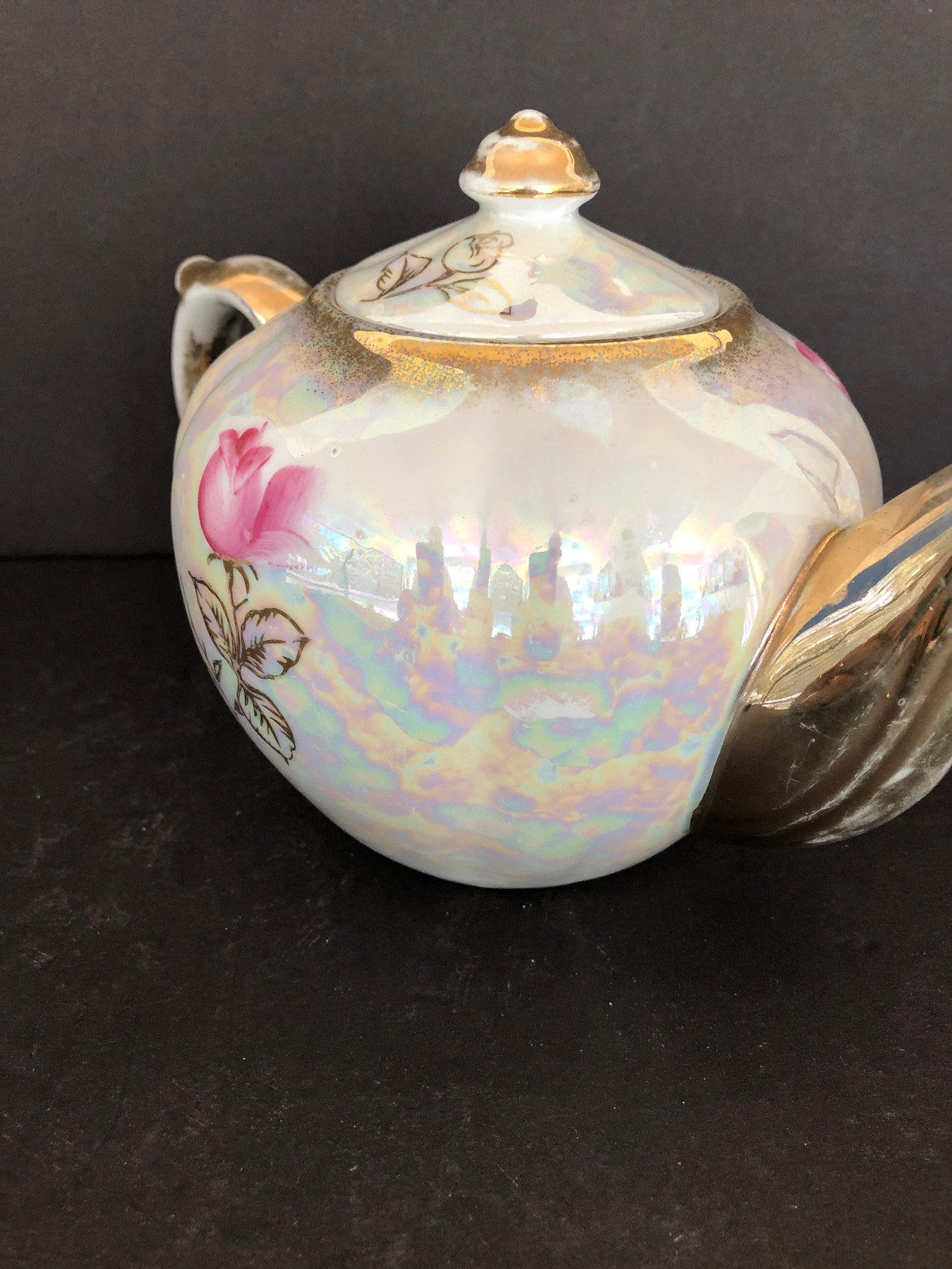 Teapot Lusterware China Gold Leaf Pink Flower Vintage - Etsy