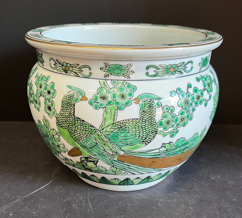 Gold Imari Green White Cachepot With Peacock Motif Circa - Etsy