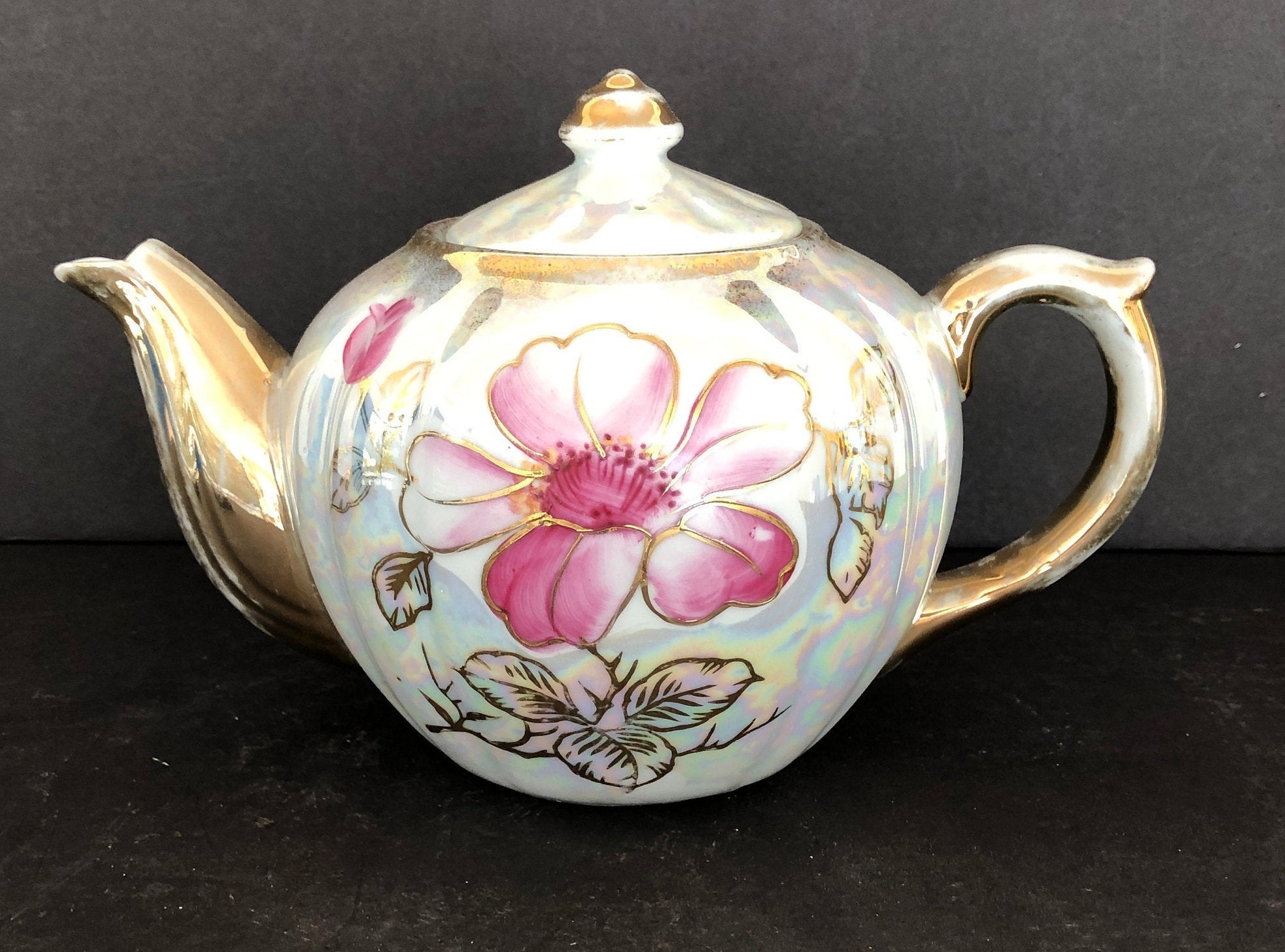 Teapot Lusterware China Gold Leaf Pink Flower Vintage - Etsy