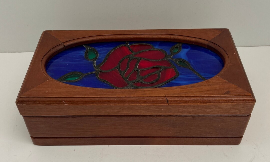 Wood Box, Stain Glass Insert, Jewelry Box, Trinket Storage, MCM - Etsy