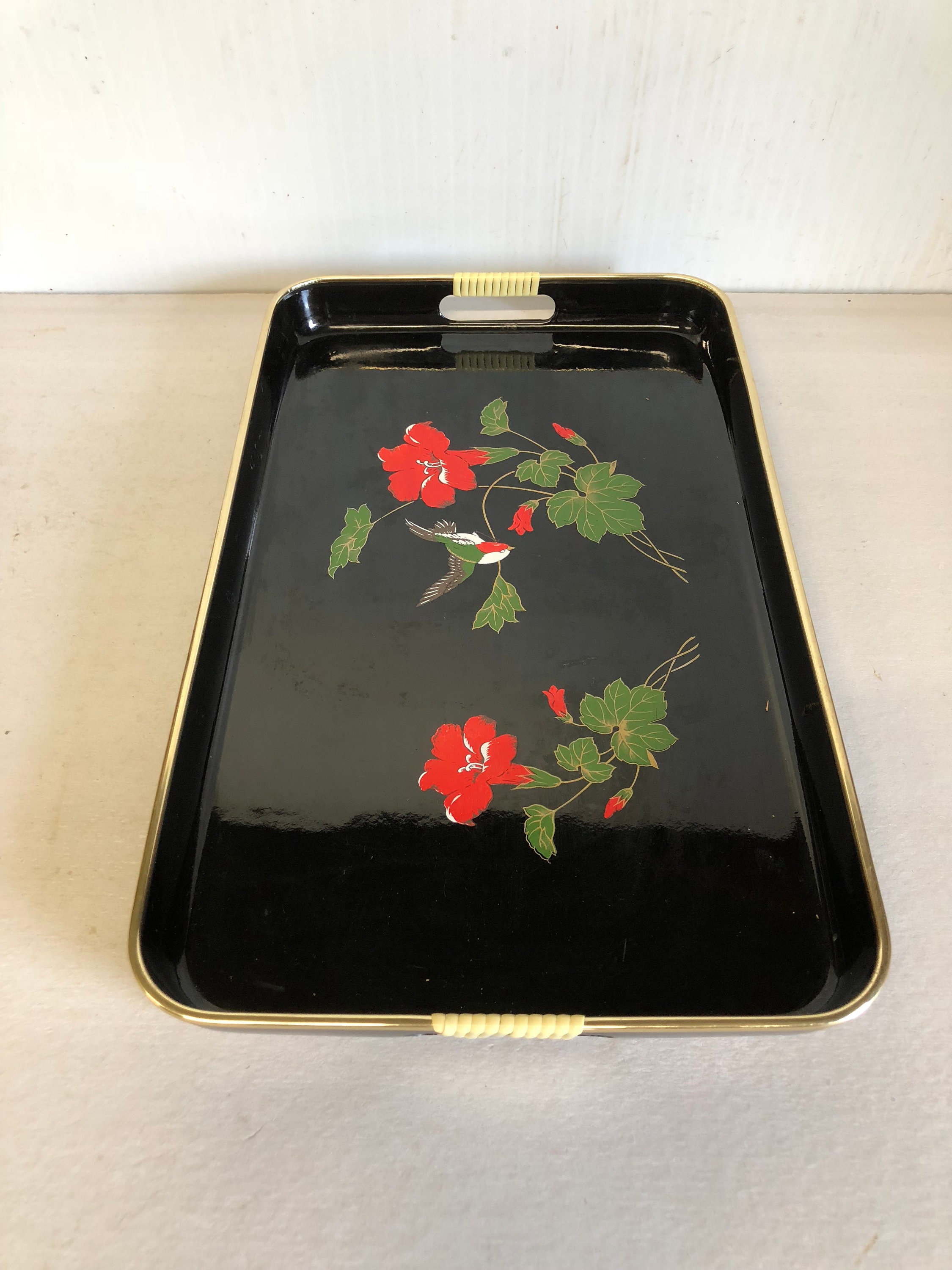 Vintage Red Rose Tray Vintage Tray Black and Red Tray | Etsy
