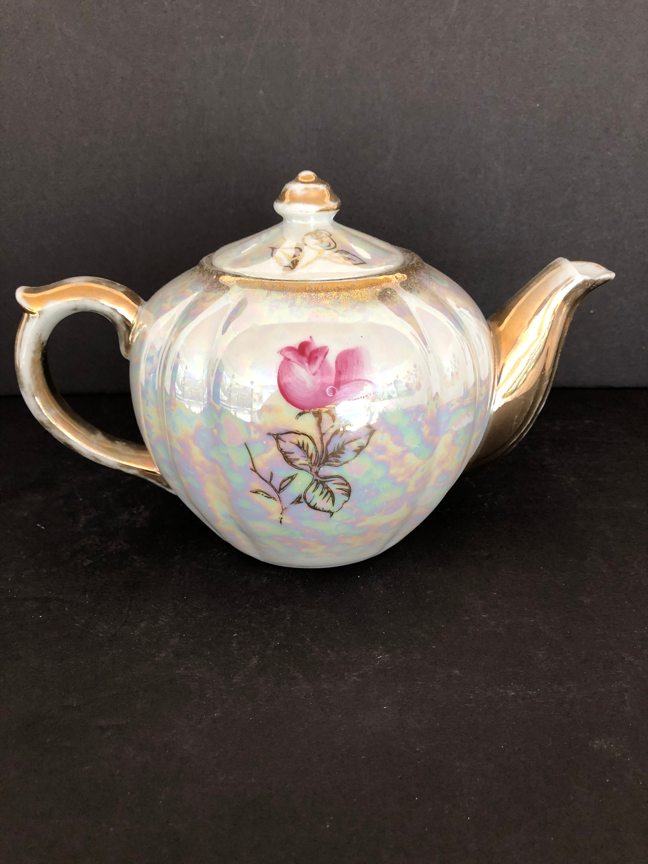 Teapot Lusterware China Gold Leaf Pink Flower Vintage - Etsy