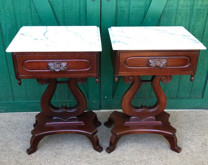 Marble Top Mahogany Table, Lyre Design, Pair of Tables, Italian Marble ...