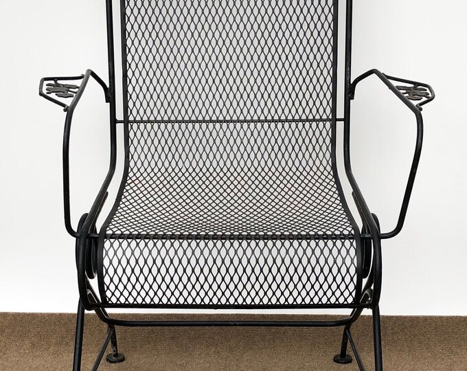Vintage Wrought Iron & Wire Mesh Chair, Patio Chair, Spring Loaded ...