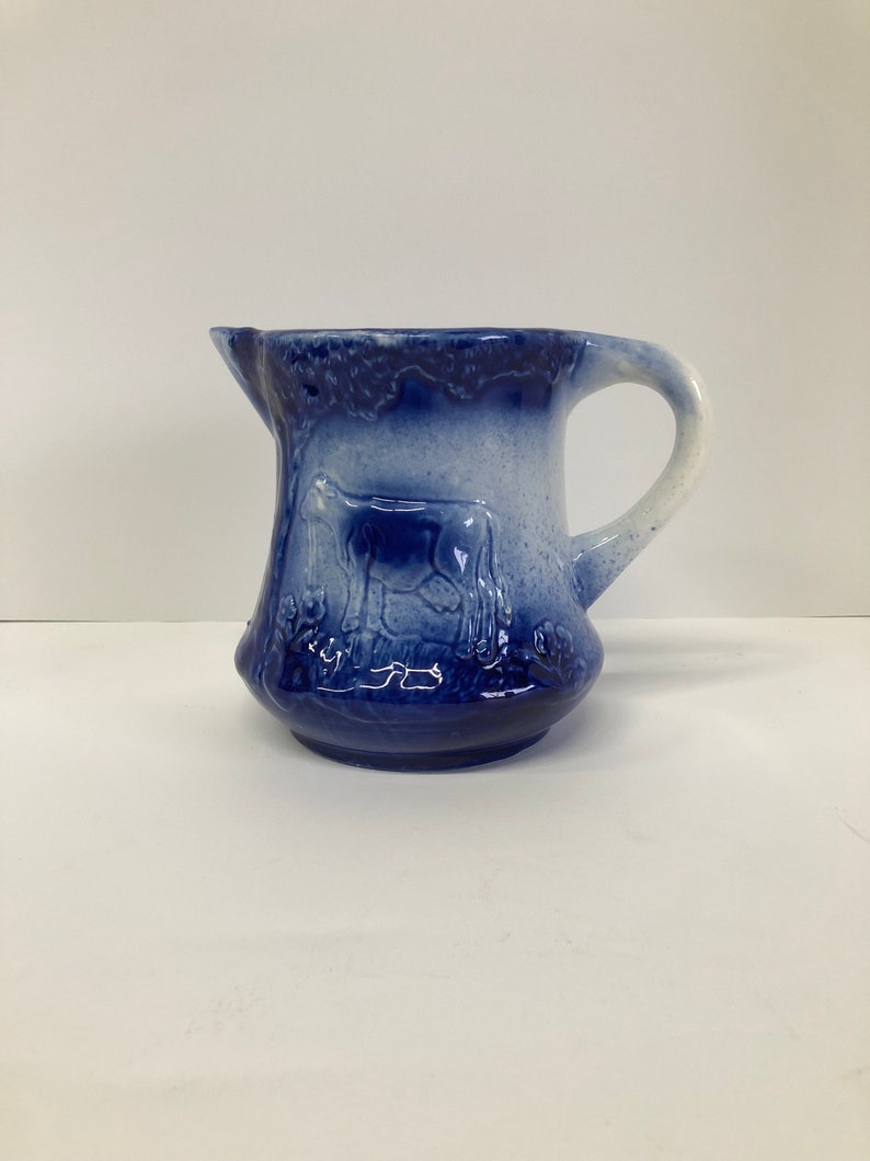 Flo Blue Stone Ware Pitcher Cow Motif Squat Pitcher Milk - Etsy