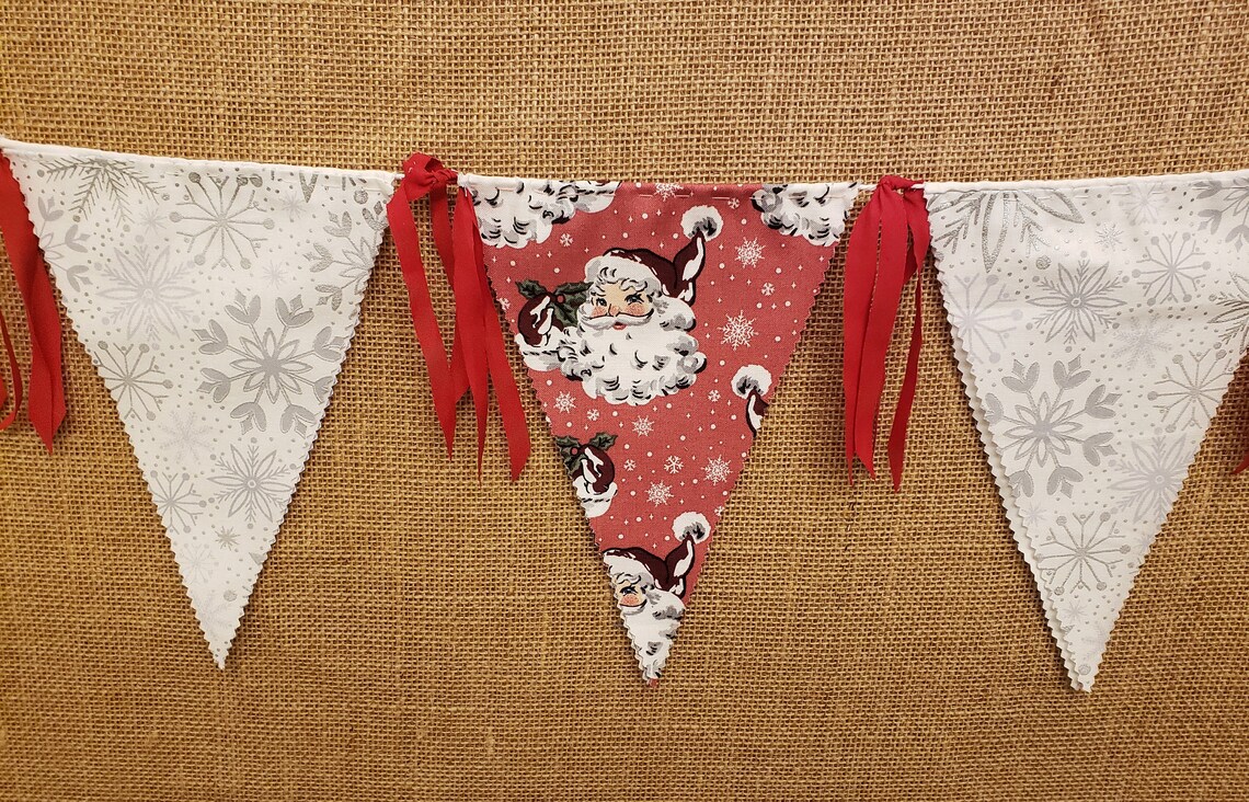 Vintage Pink Santa Banner, Retro Holiday Santa Garland, Snowflake ...