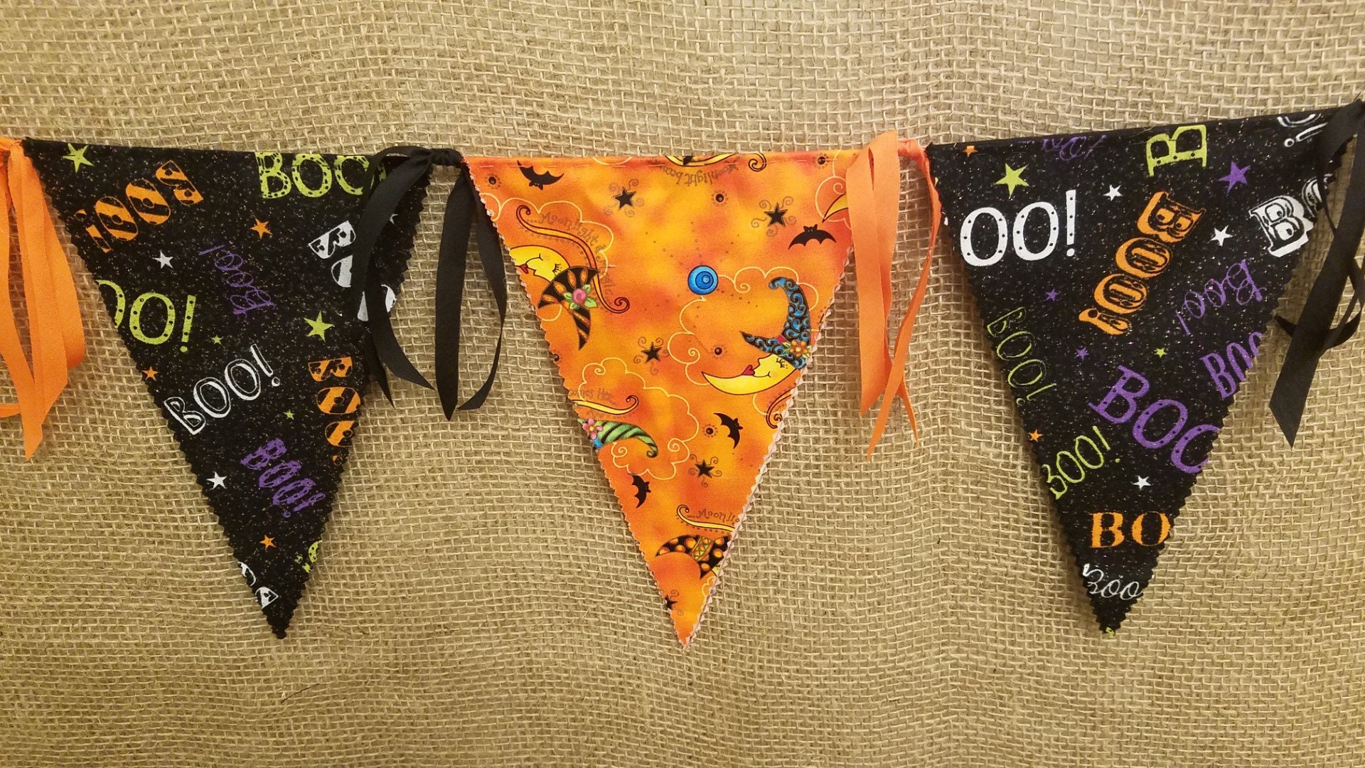 Halloween Boo! Moon Banner, Black Boo! Flag Pennant, Fabric Halloween ...
