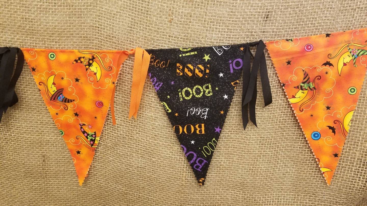 Halloween Boo! Moon Banner, Black Boo! Flag Pennant, Fabric Halloween ...