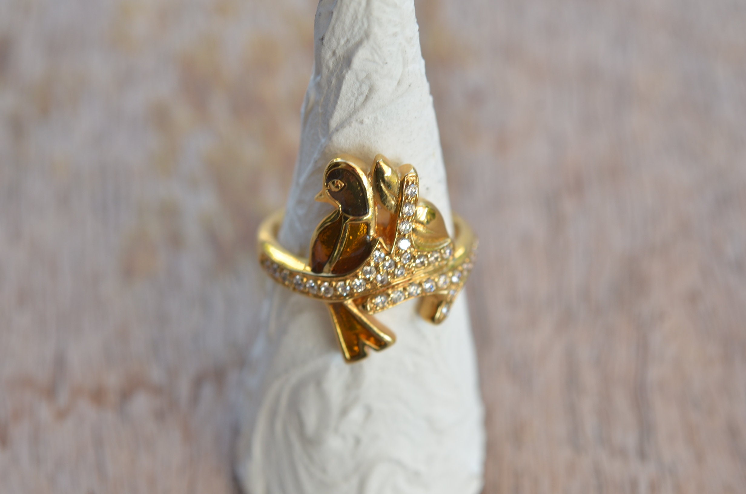 Bird ring Bird enamel ring with CZ pink gold 18K plating | Etsy