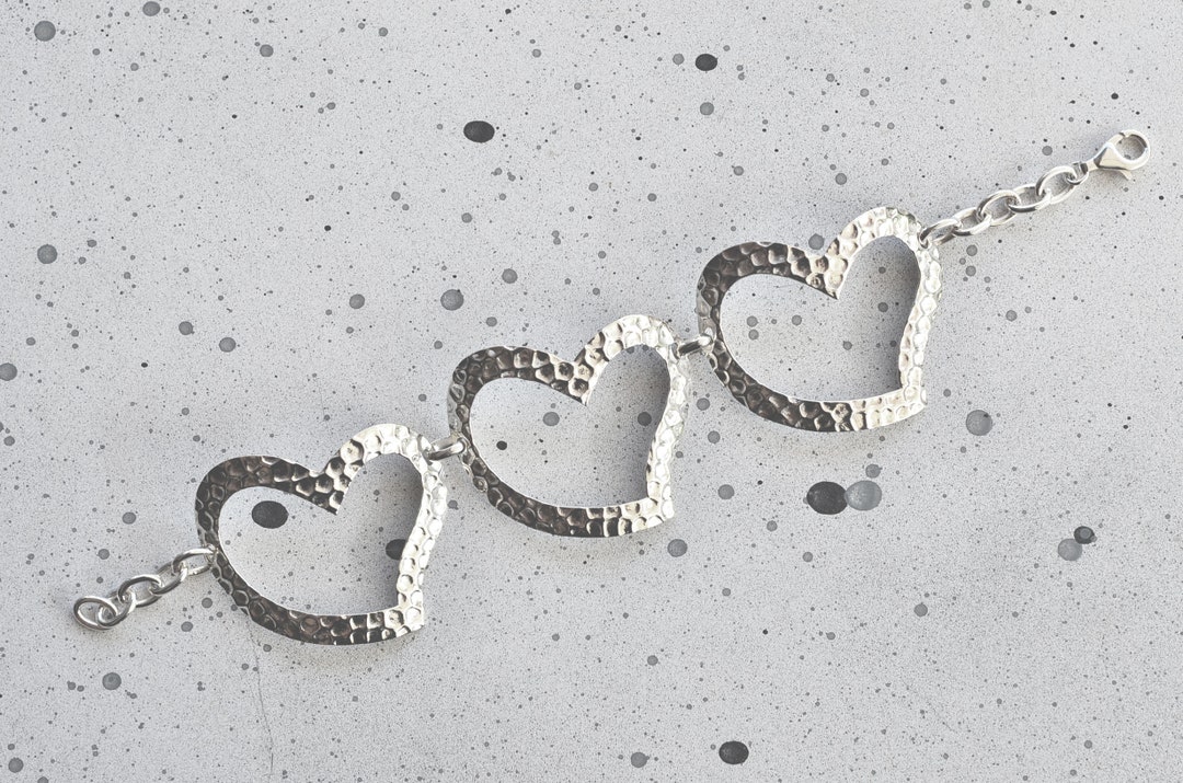 Heart Bracelet Sterling Silver Hammered Heart Bracelet, Textured Style ...