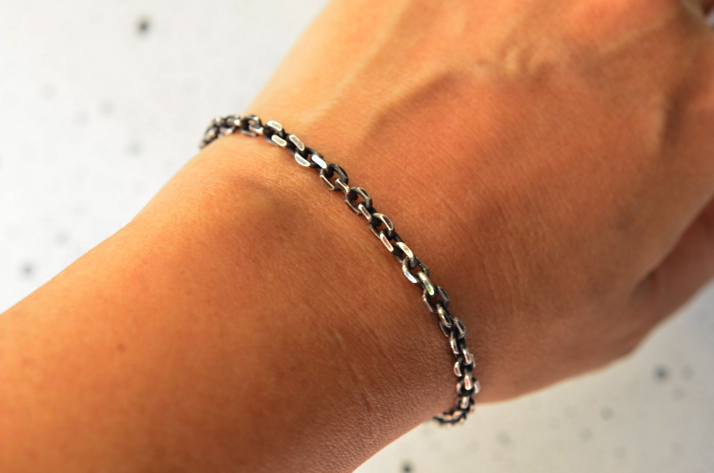 Sterling Silver Cable Chain Bracelet 3.7mm, Rustic Oxidized Sterling Silver Cable Chain Bracelet 3.7mm, Rustic Oxidized