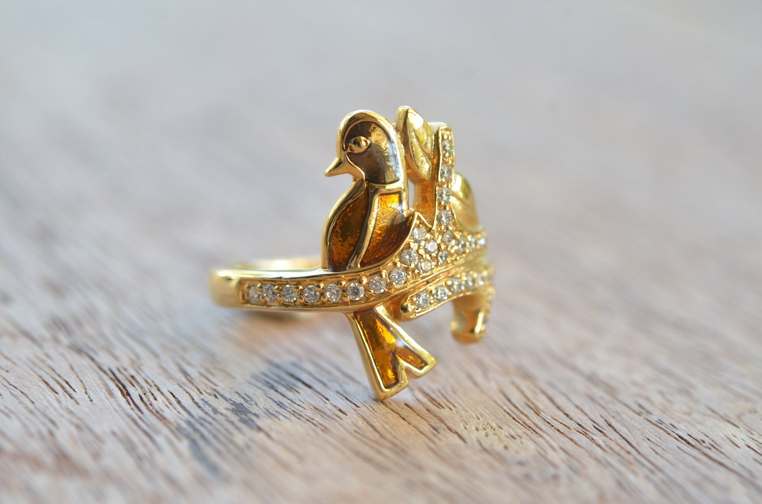 Bird Ring Bird Enamel Ring With CZ Pink Gold 18K Plating - Etsy