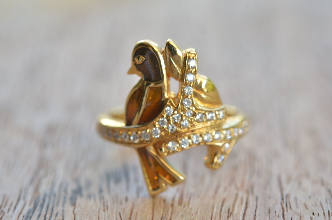 Bird ring Bird enamel ring with CZ pink gold 18K plating | Etsy