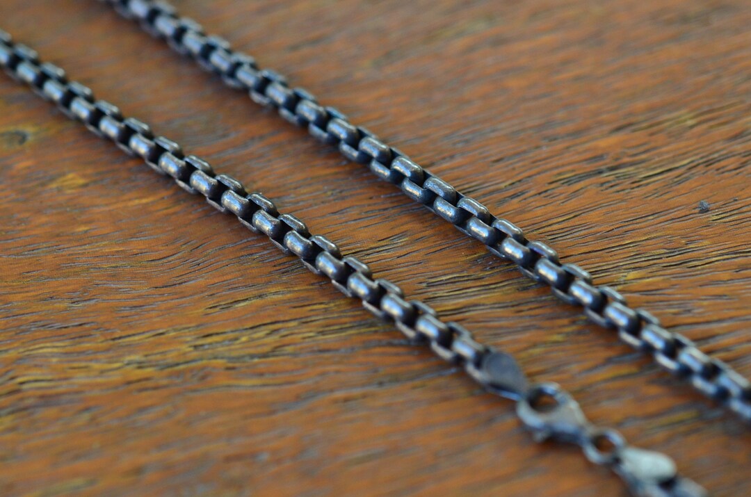 Silver Box Chain 4mm, Sterling Silver Black Oxidized Round Box Chain ...