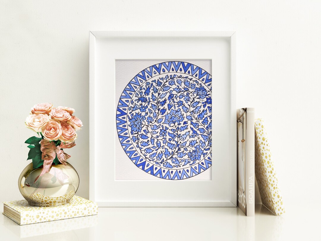 ORIGINAL Multani Pottery Inspired Art - Blue Floral Hand Painted ...