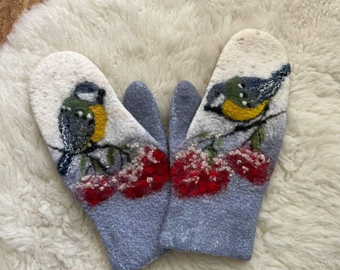 Tit Birds Women's Mittens, Felted Mittens, Felt Wool Gloves, Womens ...