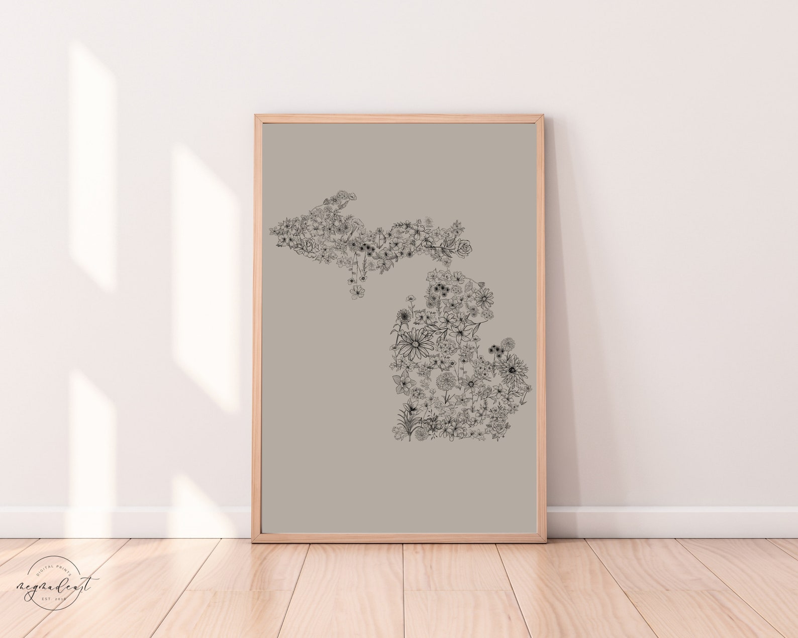 Floral Michigan Map Wall Art Digital Download | Wall Decor Downloadable ...
