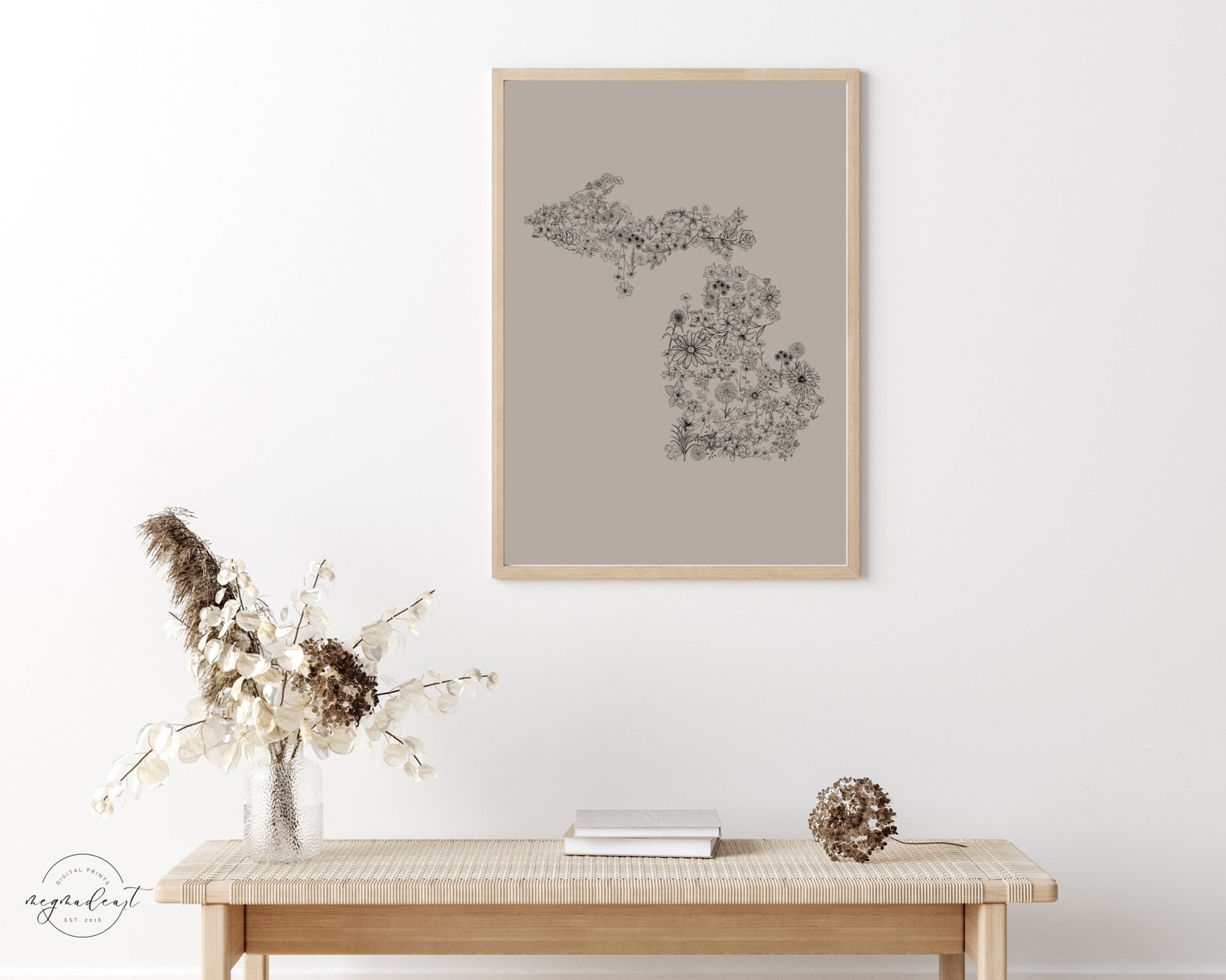 Floral Michigan Map Wall Art Digital Download Wall Decor Downloadable ...