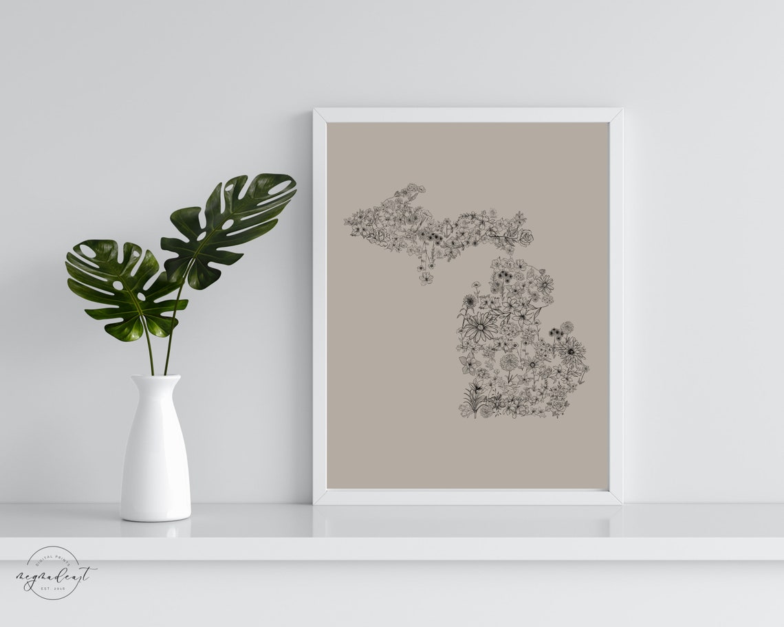 Floral Michigan Map Wall Art Digital Download Wall Decor Downloadable ...