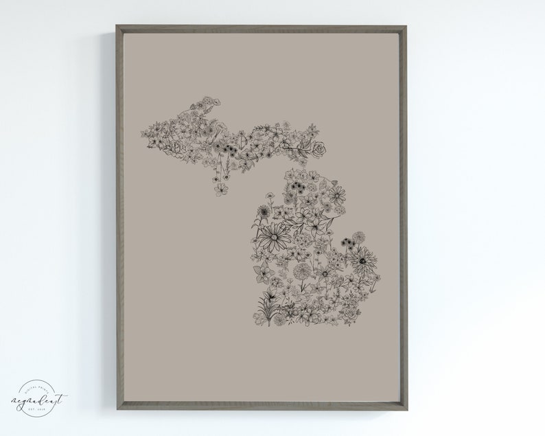 Floral Michigan Map Wall Art Digital Download | Wall Decor Downloadable ...