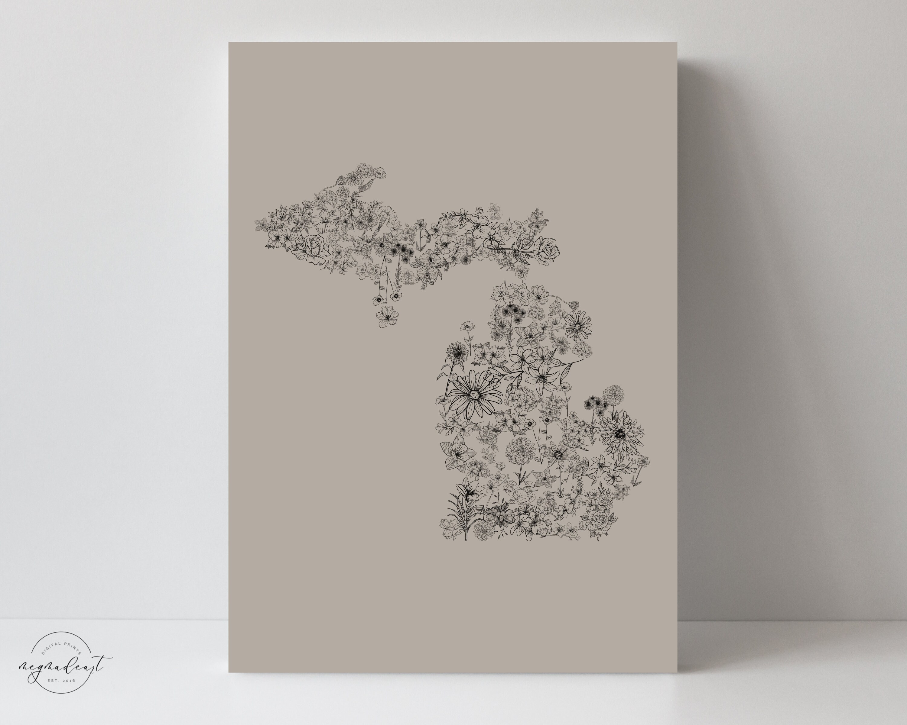 Floral Michigan Map Wall Art Digital Download | Wall Decor Downloadable ...