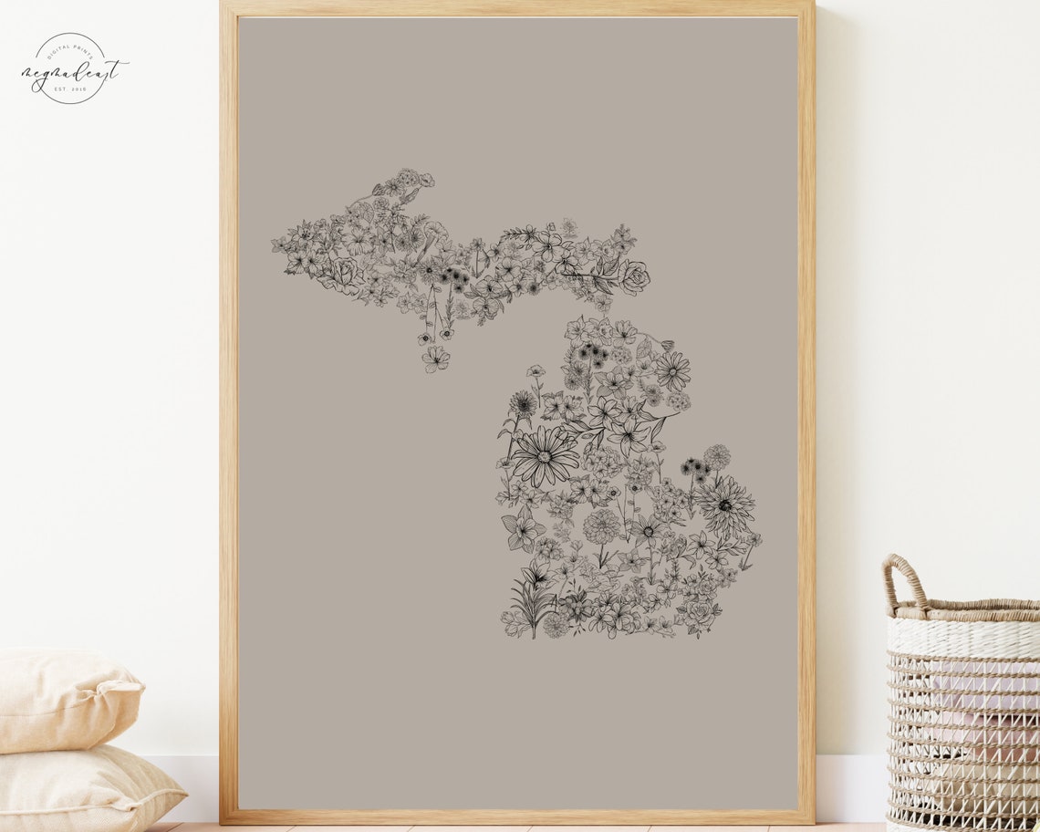 Floral Michigan Map Wall Art Digital Download Wall Decor Downloadable ...