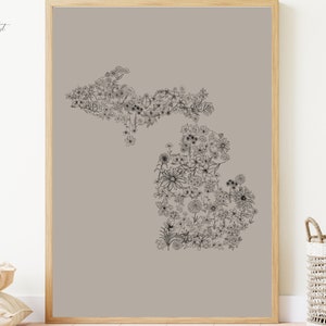 Floral Michigan Map Wall Art Digital Download | Wall Decor Downloadable ...