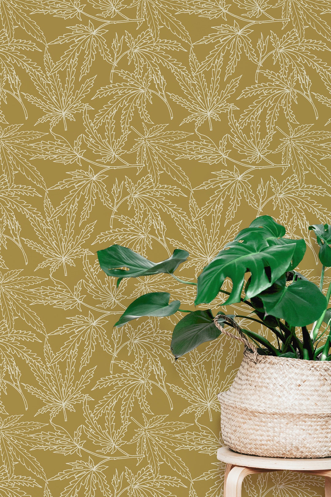 Cannabis Wallpaper Modern Marijuana Wall Mural Weed Wallpaper in Ochre ...