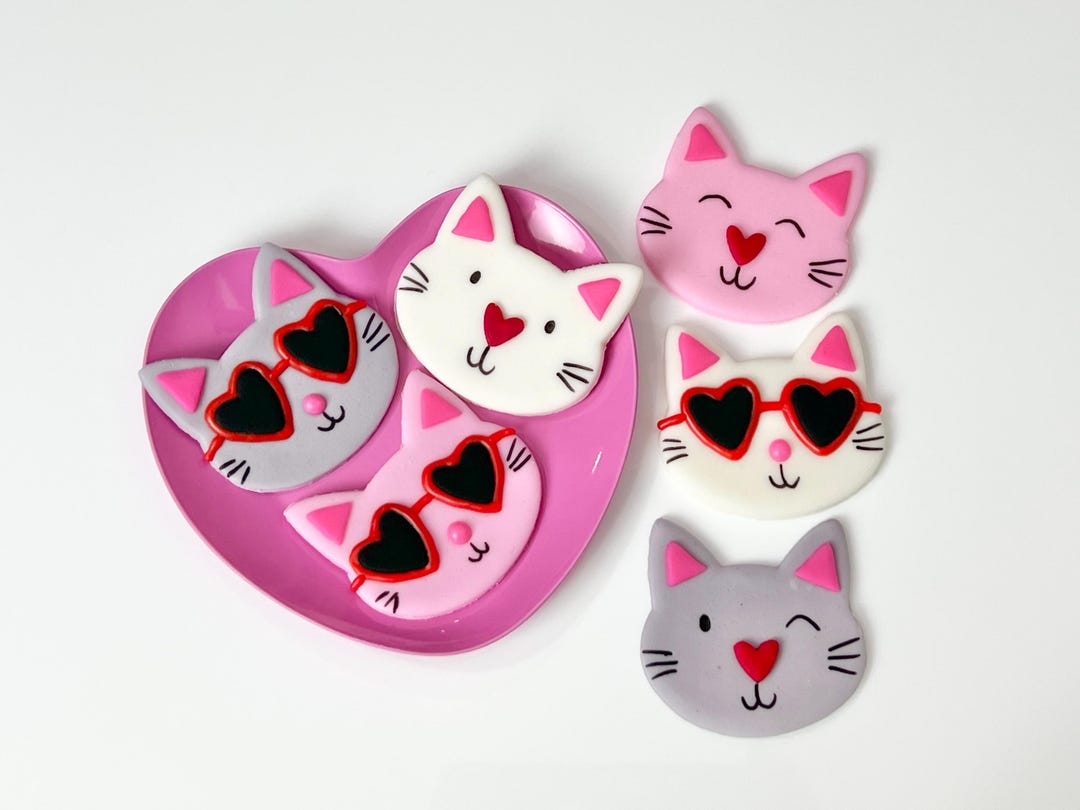 Edible Valentine Cat Cupcake Toppers • Heart Glasses Fondant Kitty ...