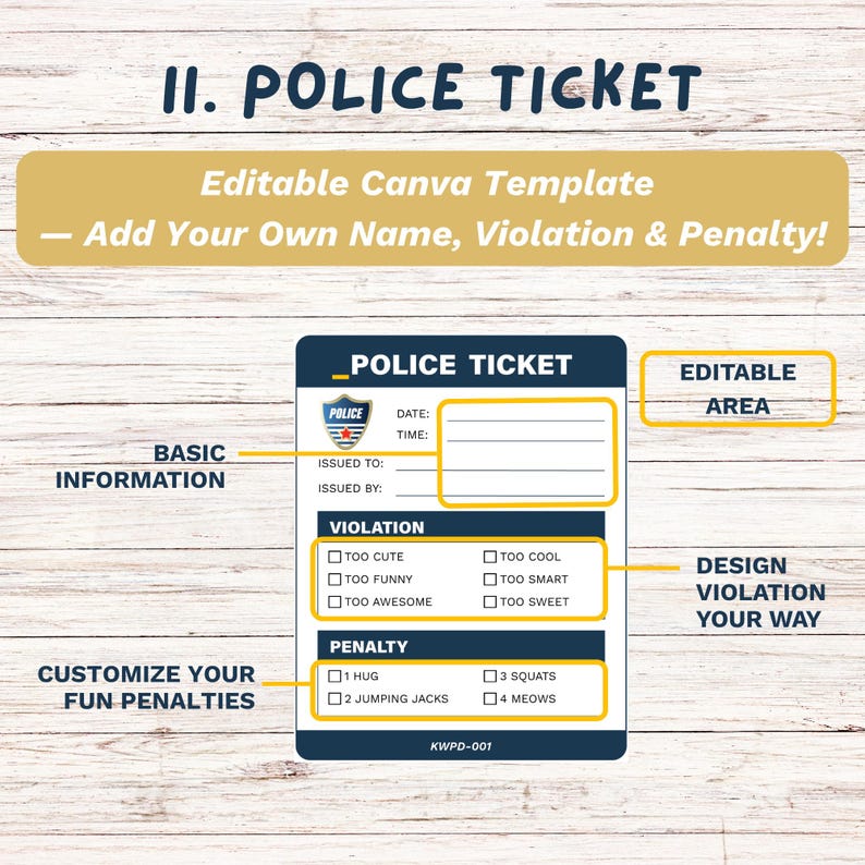 Editable Kids Police Badge & Ticket Set – Pretend Play (canva Template ...