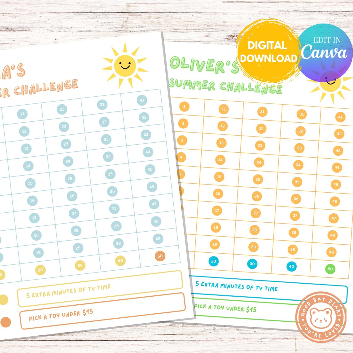 Editable Kids Reward Chart Printable: Summer Challenge, 2 Color Styles ...