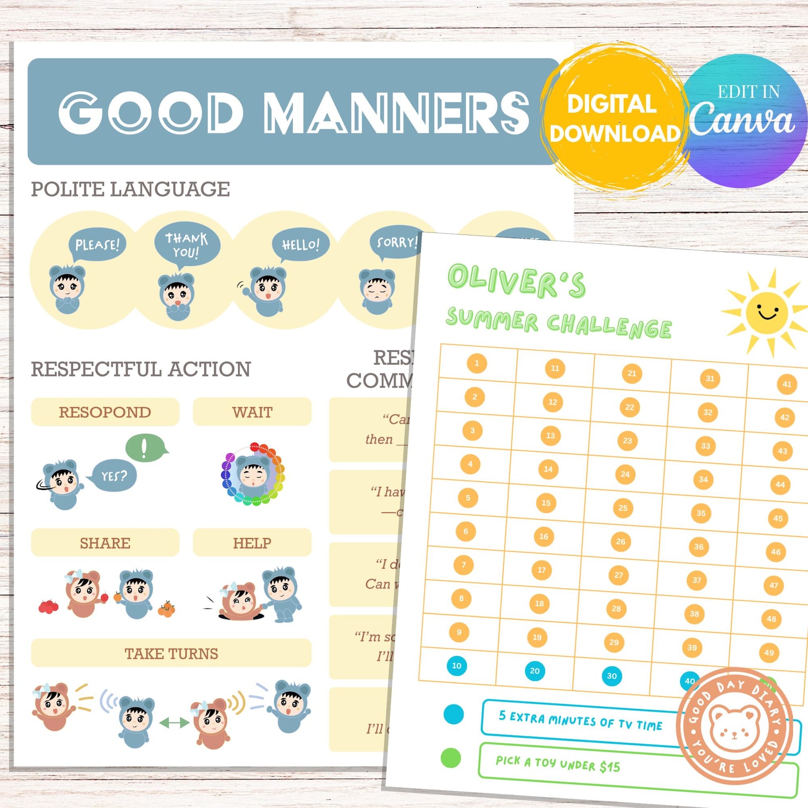 Good Manners & Reward Chart Printable Bundle: Summer Behavior, Editable ...