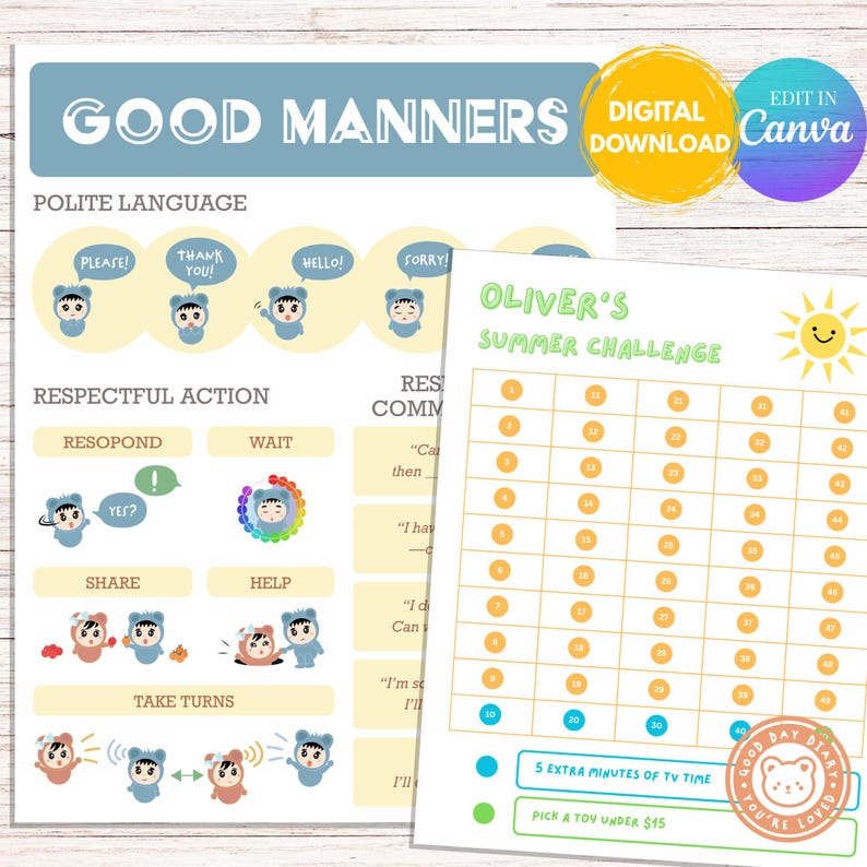 Good Manners & Reward Chart Printable Bundle: Summer Behavior, Editable ...