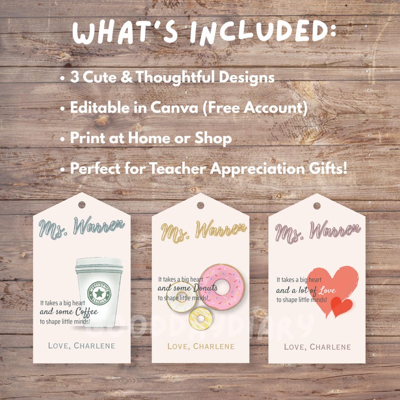 Teacher Appreciation Gift Tags: Coffee, Donuts, Love (canva Template ...